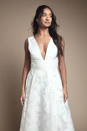 Coast Plunge V-neck Jacquard Midi Dress - Ivory