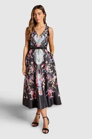 Coast Placement Print V Neck Midi Dress - Black