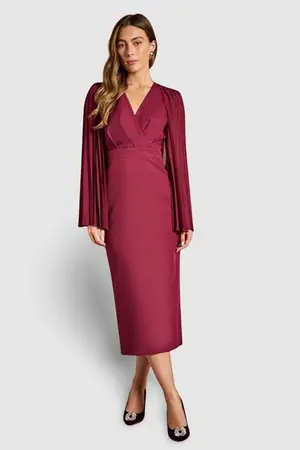 Coast Cape Sleeve Pencil Midi Dress - Berry