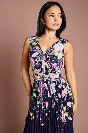 Coast Petite Twist Front Floral Pleated Midi Dress