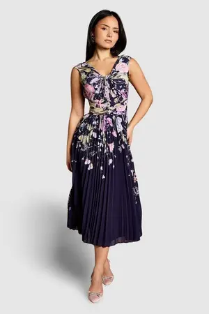 Coast Petite Twist Front Floral Pleated Midi Dress - Navy