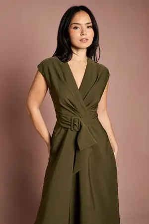Coast Petite Belted Crepe Dress - Olive