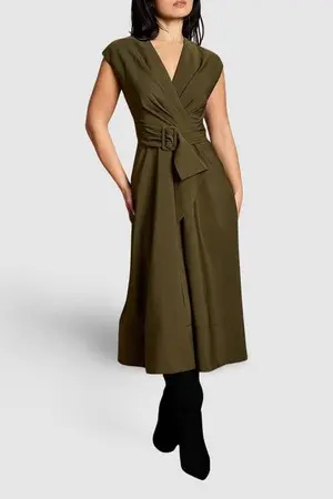 Coast Petite Belted Crepe Dress - Olive