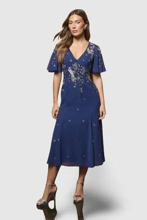 Coast Floral Embellished Flutter Sleeve Midi Dress - Blue