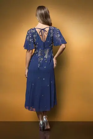 Coast Floral Embellished Flutter Sleeve Midi Dress - Blue