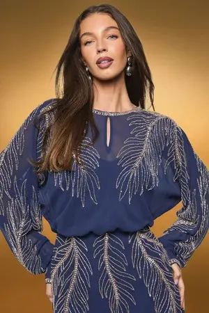 Coast Feather Embellished Mini Dress - Navy