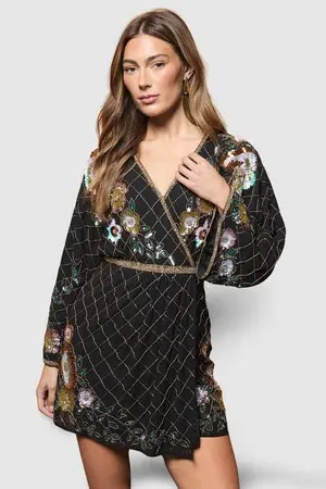 Coast Floral Embellished Wrap Mini Dress - Black