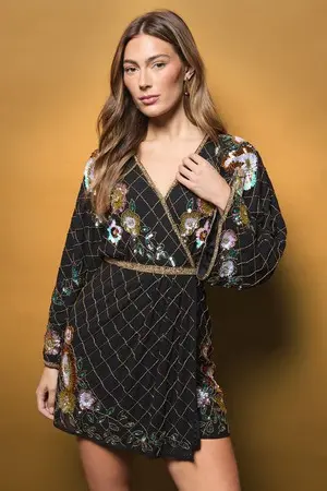 Coast Floral Embellished Wrap Mini Dress - Black