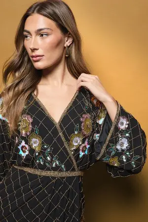Coast Floral Embellished Wrap Mini Dress - Black
