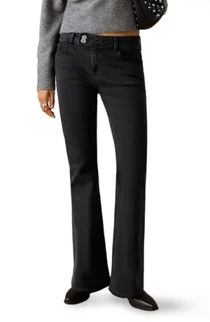 Mango Button Tab Low Rise Flare Jeans - Black Denim