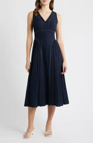 Moon River Contrast Stitch Sleeveless Tie Back Dress - Dark Navy