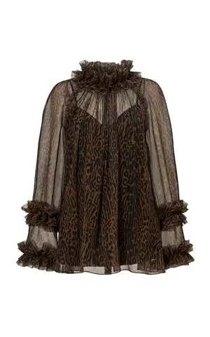 Carolina Herrera Leopard Chiffon Top With Ruffle Trim - Print