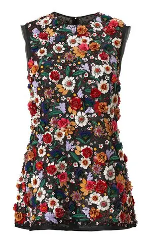 CAROLINA HERRERA Embellished Crepe Silk Organza Floral Top