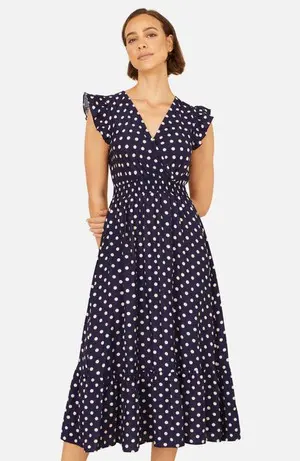 YUMI Spot Ruched Waist Midi Dress - Navy