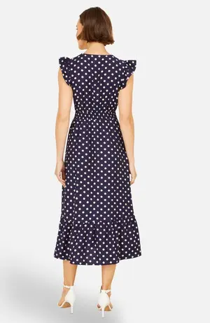 YUMI Spot Ruched Waist Midi Dress