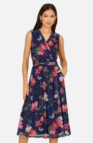 YUMI Floral Print Mesh Stretch Midi Dress - Navy