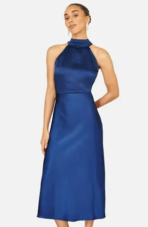 YUMI Satin Halter Neck Midi Dress - Navy