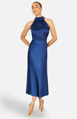 YUMI Satin Halter Neck Midi Dress - Navy
