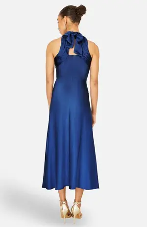 YUMI Satin Halter Neck Midi Dress - Navy