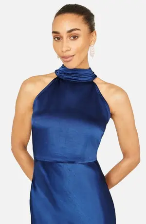 YUMI Satin Halter Neck Midi Dress - Navy
