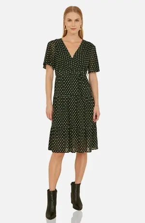 YUMI Dot Print Mesh Stretch Midi Skater Dress - Black