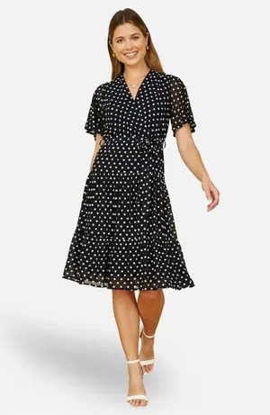 YUMI Dot Print Mesh Stretch Midi Skater Dress - Navy