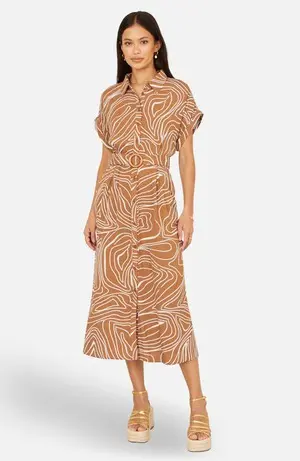 YUMI Abstract Swirl Print Relaxed Midi Dress - Brown