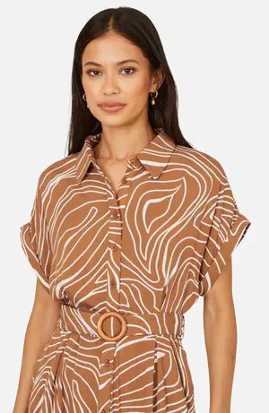 YUMI Abstract Swirl Print Relaxed Midi Dress - Brown