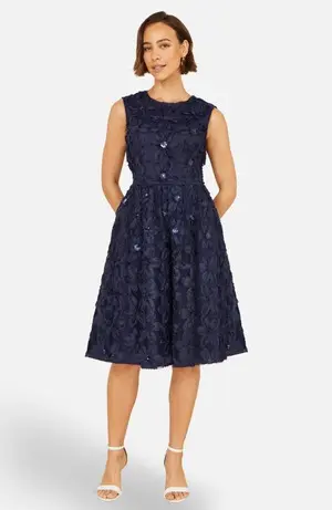 YUMI Sequin Floral Applique Skater Dress