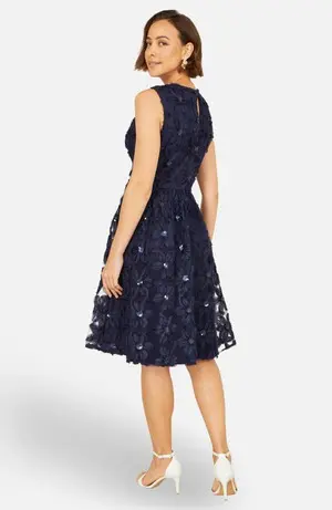 YUMI Sequin Floral Applique Skater Dress