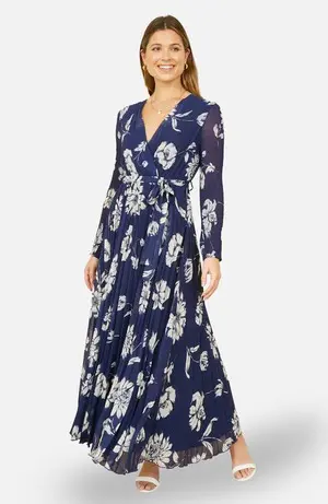 YUMI Floral Pleated Midi Wrap Dress - Navy