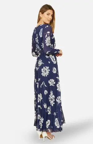 YUMI Floral Pleated Midi Wrap Dress