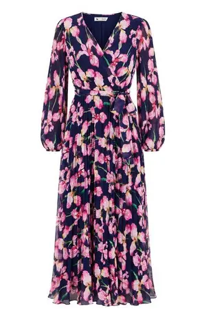YUMI Floral Pleated Wrap Maxi Dress - Navy