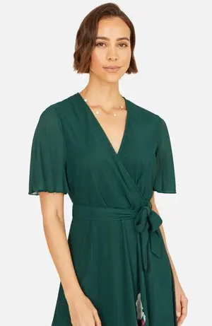YUMI Mesh Wrap Midi Dress - Green