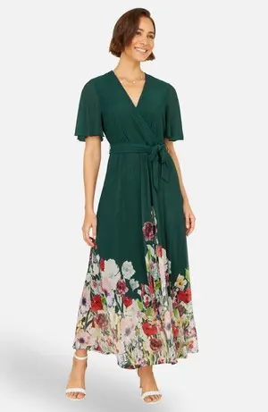YUMI Mesh Wrap Midi Dress - Green