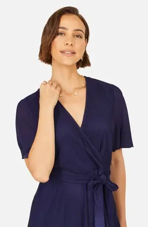 YUMI Mesh Wrap Midi Dress - Navy