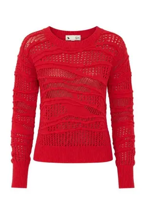 YUMI Wave Pointelle Knitted Jumper - Red