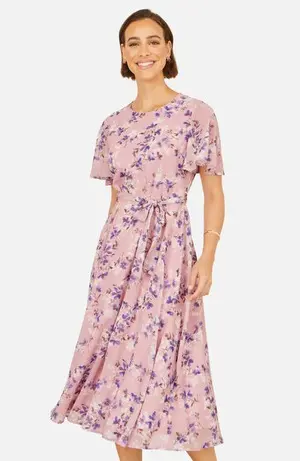 YUMI Blossom Print Midi Skater Dress - Pink