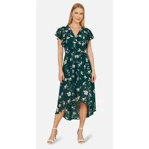 YUMI Floral Frill Hem Wrap Midi Dress - Green