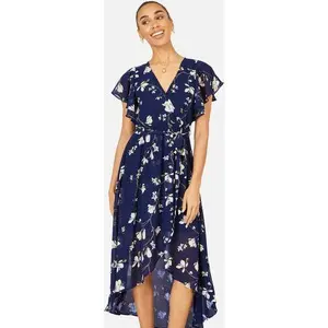 YUMI Floral Frill Hem Wrap Midi Dress - Navy