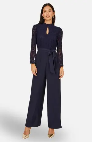 YUMI Lace Applique Wide Leg Jumpsuit - Navy
