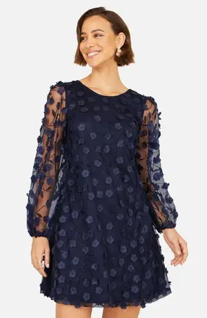 YUMI Floral Applique Tunic Dress - Navy