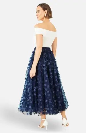 YUMI Floral Appliqué Tulle Midi Skirt - Navy