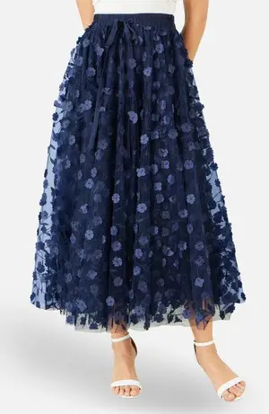 YUMI Floral Appliqué Tulle Midi Skirt - Navy
