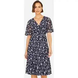 YUMI Floral Mesh Wrap Midi Dress - Navy