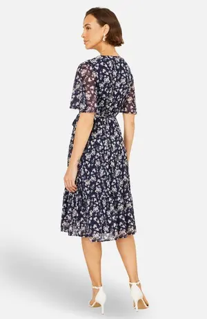 YUMI Floral Mesh Wrap Midi Dress - Navy