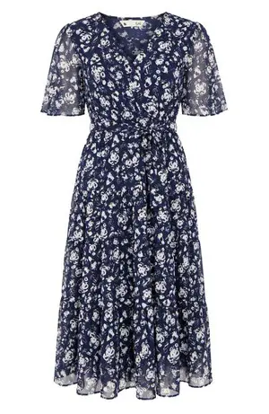 YUMI Floral Mesh Wrap Midi Dress