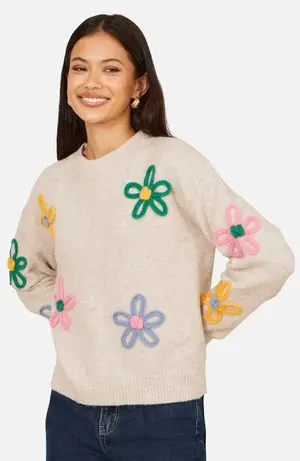 YUMI Relaxed Flower Embroidered Jumper - Grey