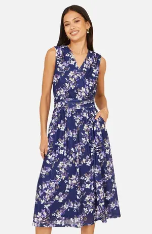 YUMI Blossom Print Mesh Stretch Midi Dress - Navy