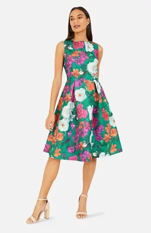 YUMI Floral Jacquard Fit And Flare Skater Dress - Green